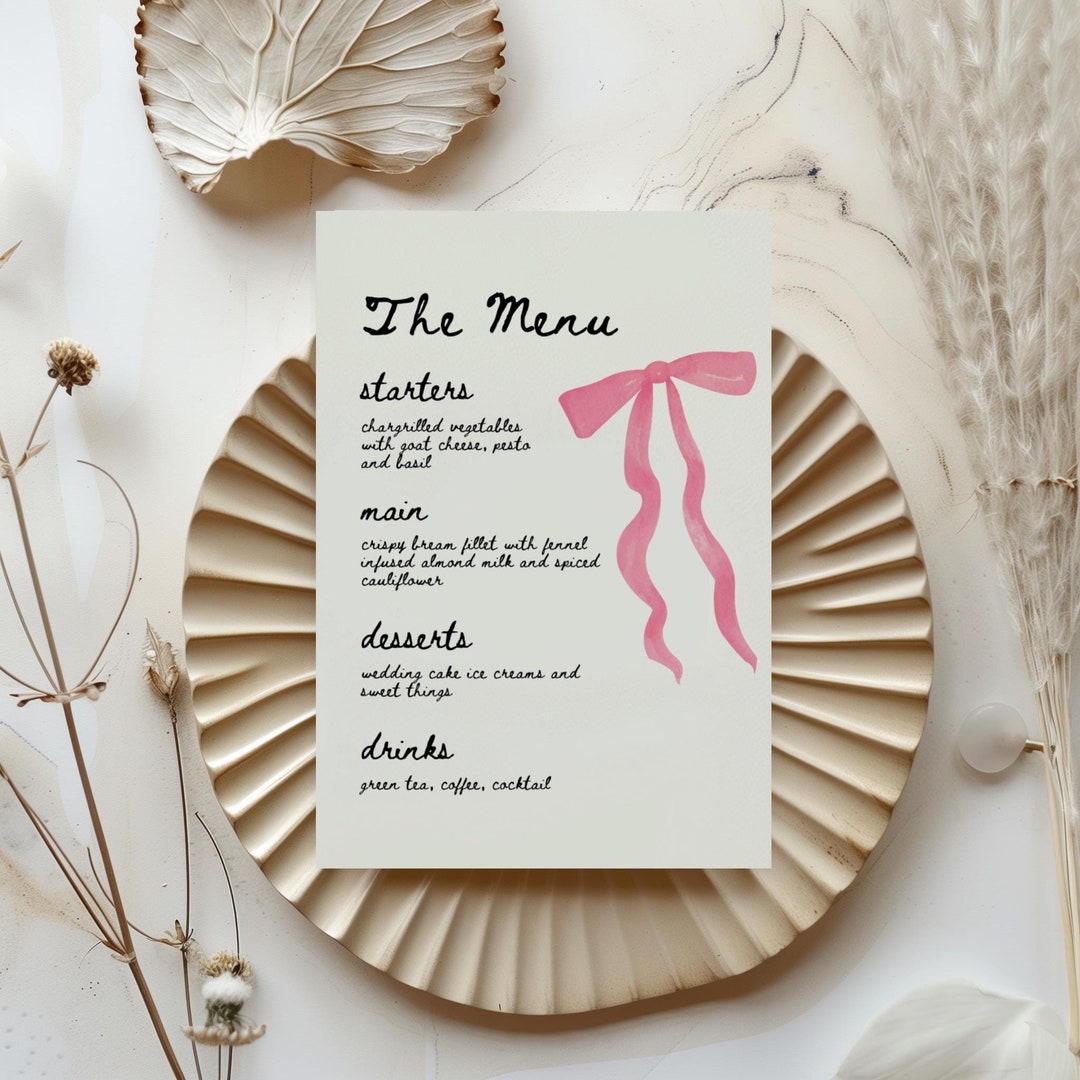 Editable Pink Ribbon Bow Menu Template,wedding/bridal Shower Menu ...
