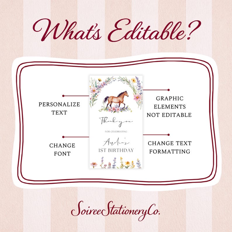 Editable Horse Favor Tag Template, Watercolor Floral Pony Thank You Tag ...