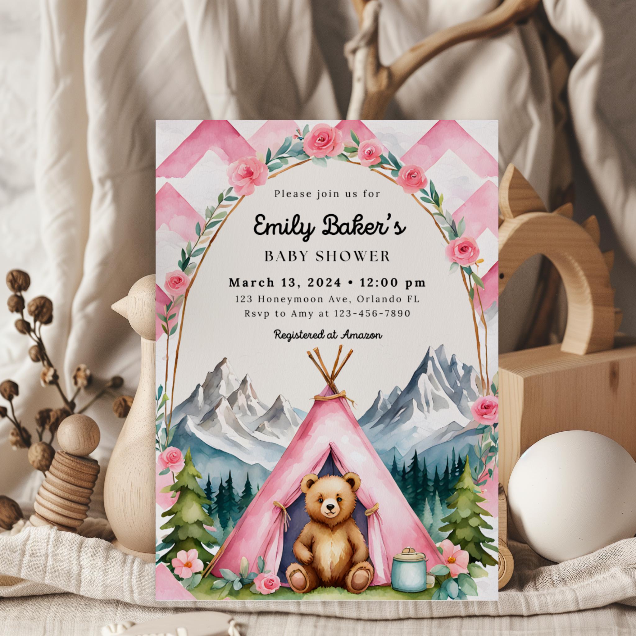 Editable Girl Camping Baby Shower Invitation,little Camper Baby Shower ...