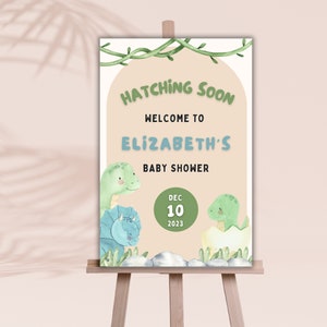Hatching Soon Baby Shower Welcome Sign Template Dinosaur, Boho Baby ...