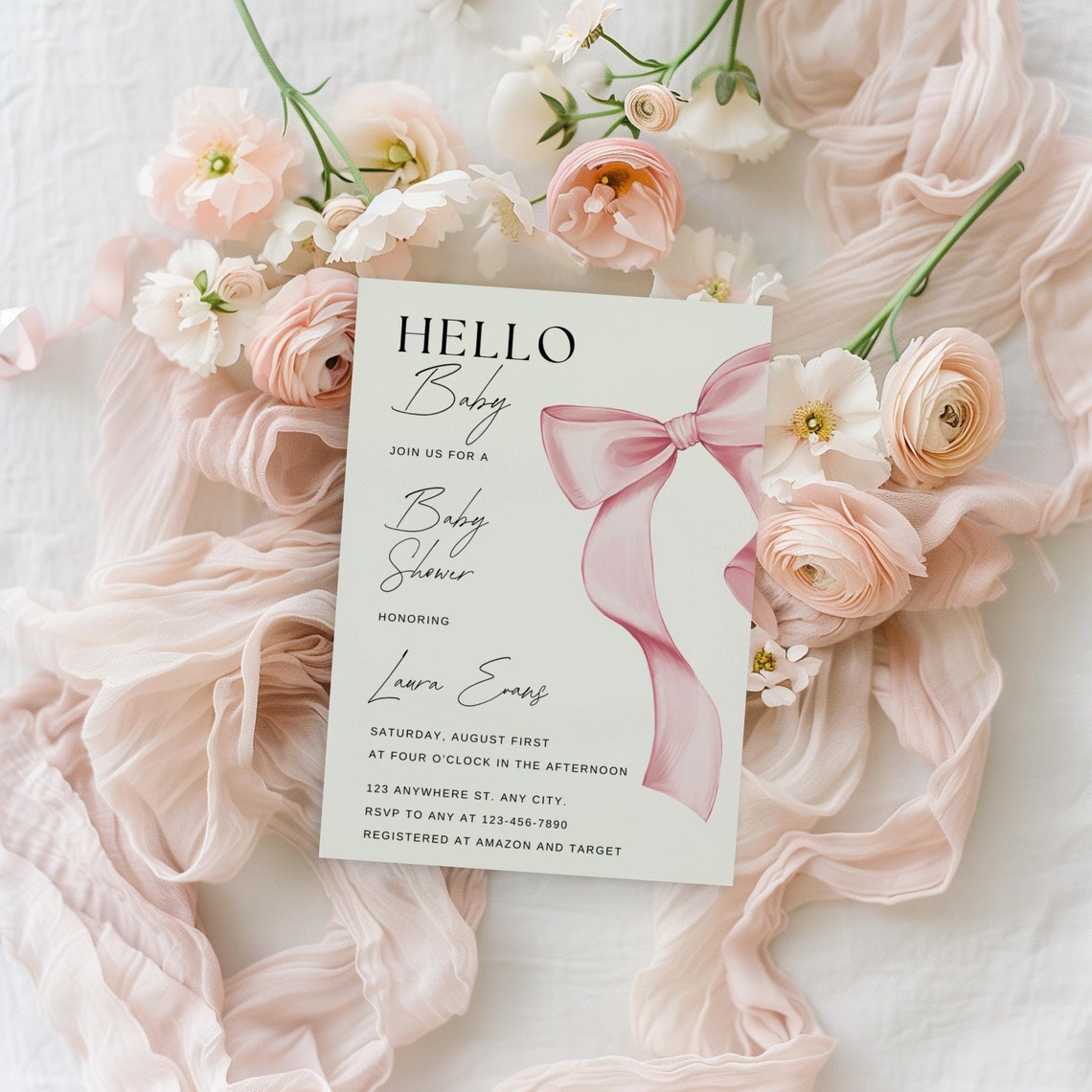 EDITABLE Hello Baby Pink Bow Baby Shower Invitation,coquette Baby ...