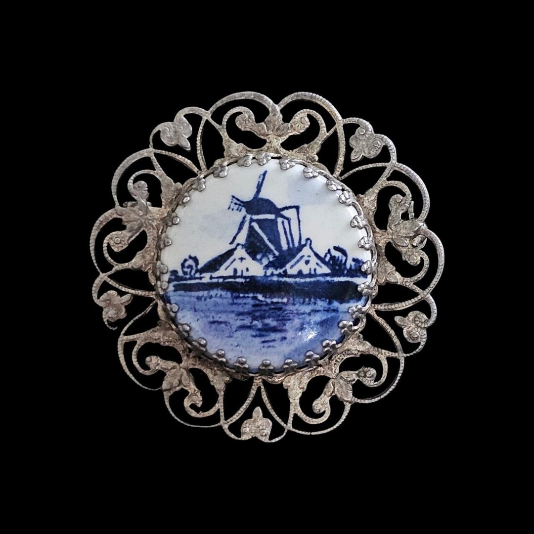 Vintage Holland Delft Blue Earthenware Round Ornate Brooch Dutch - Etsy