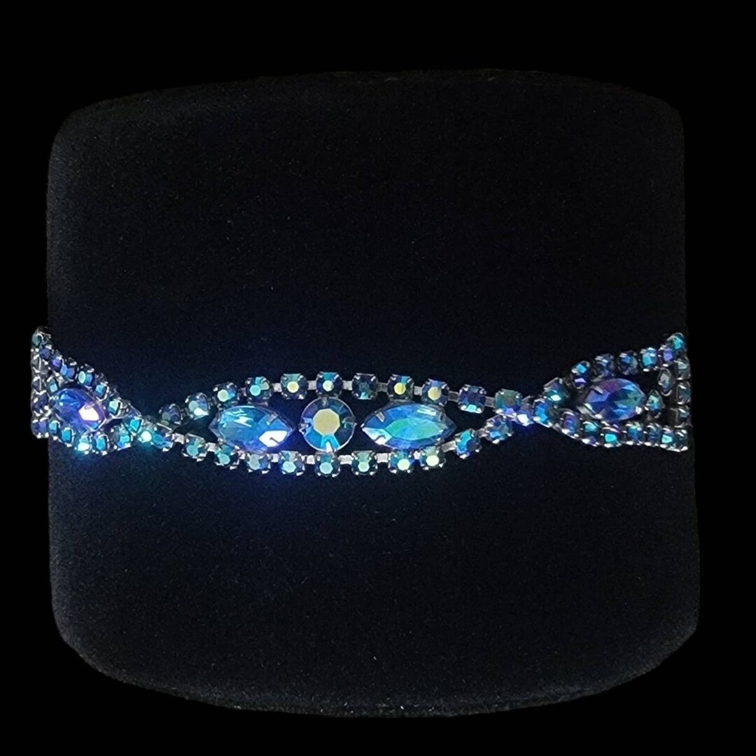 1940's Blue Aurora Borealis Stones Silver Tone Blue Rhinestone Bracelet ...