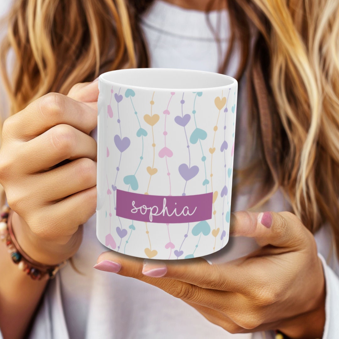 Personalized Coffee Mug With Text, Pastel Heart Pattern Customized Mug ...