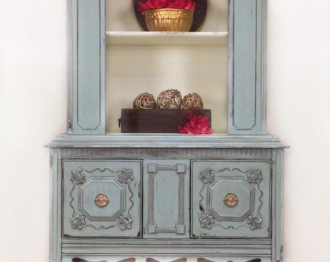 Light Blue China Hutch Vintage Jacobean China Cabinet Distressed ...