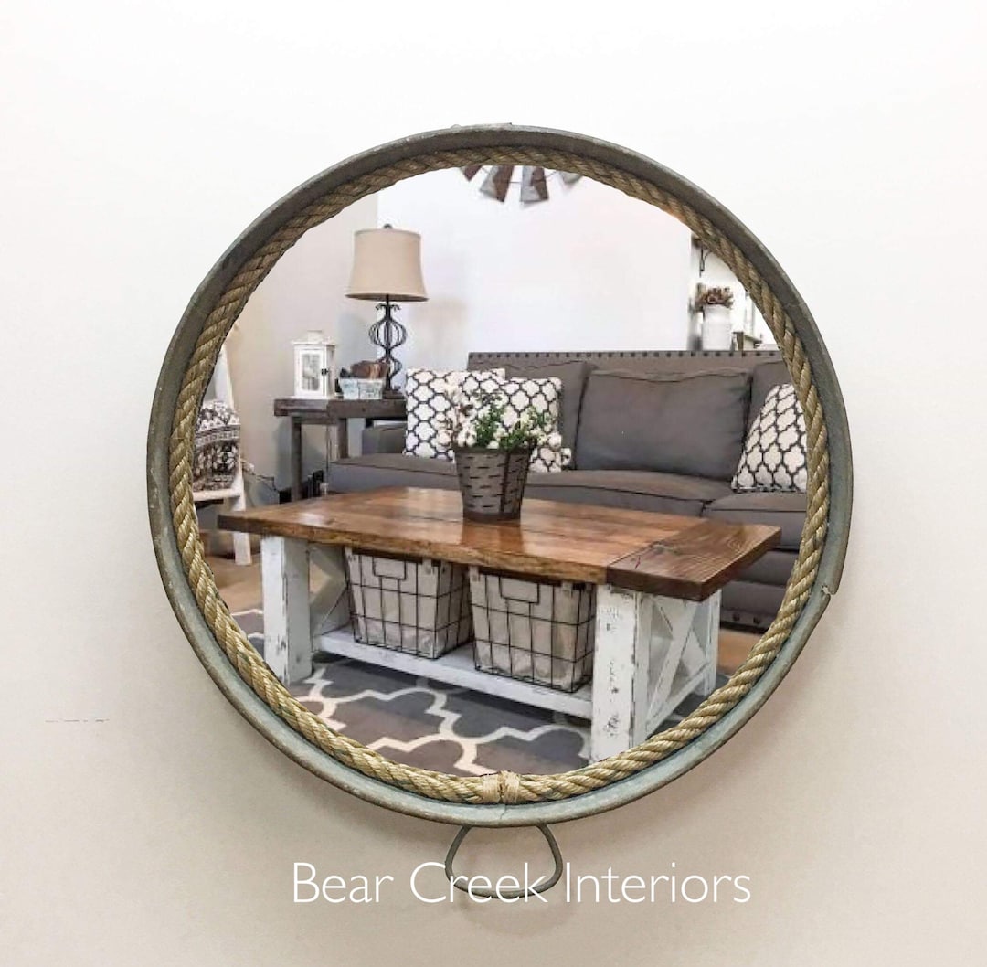 Farmhouse Round Mirror Galvanized Tub With Rope Accent and Felt Backing ...