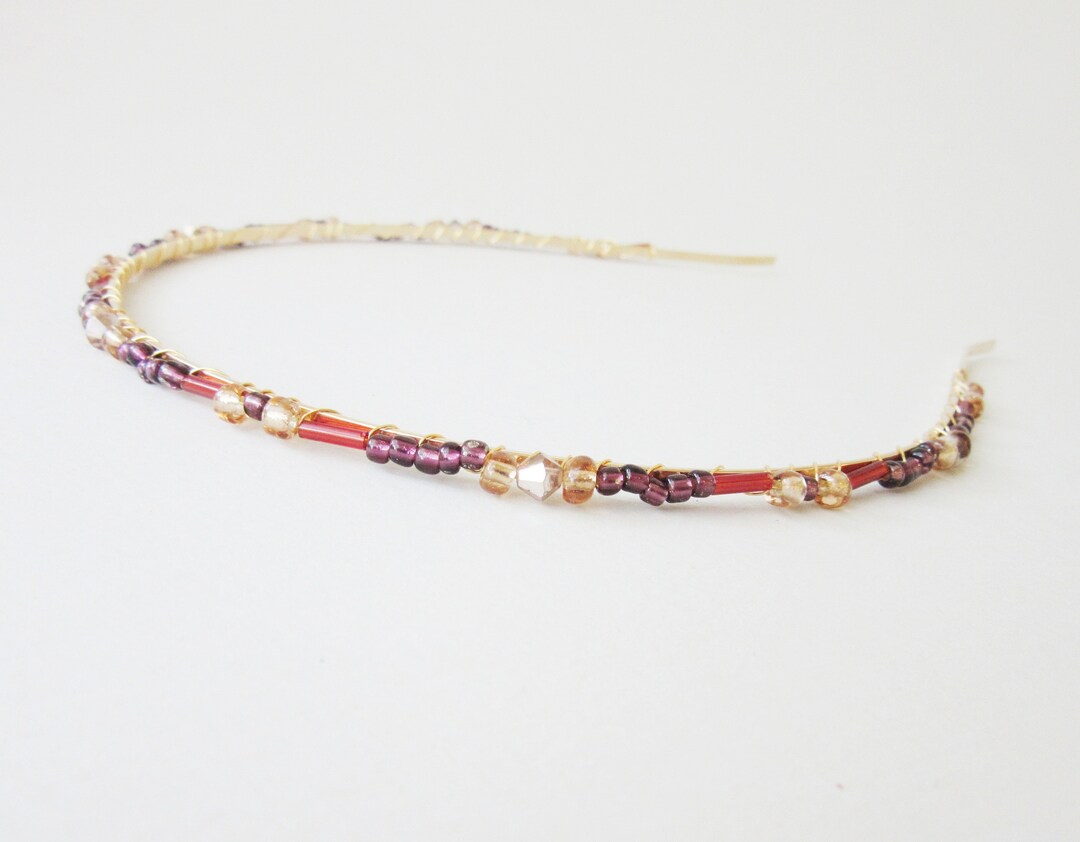 Tiny Beaded Headband, Plum Amber Orange Sparkly Hair Band, Fine Beaded ...