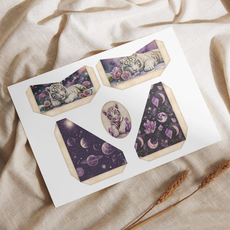 Celestial Tigers Junk Journal Folio Printables, 12 Piece Journal Pockets, Purple and Lilac ...