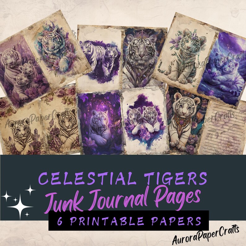 Celestial Tigers Junk Journal Pages: Purple Vintage Style (digital ...