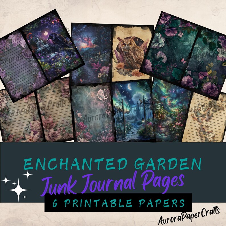 Enchanted Garden Junk Journal Pages, Teal, Blue, Purple, Pink, 6 ...
