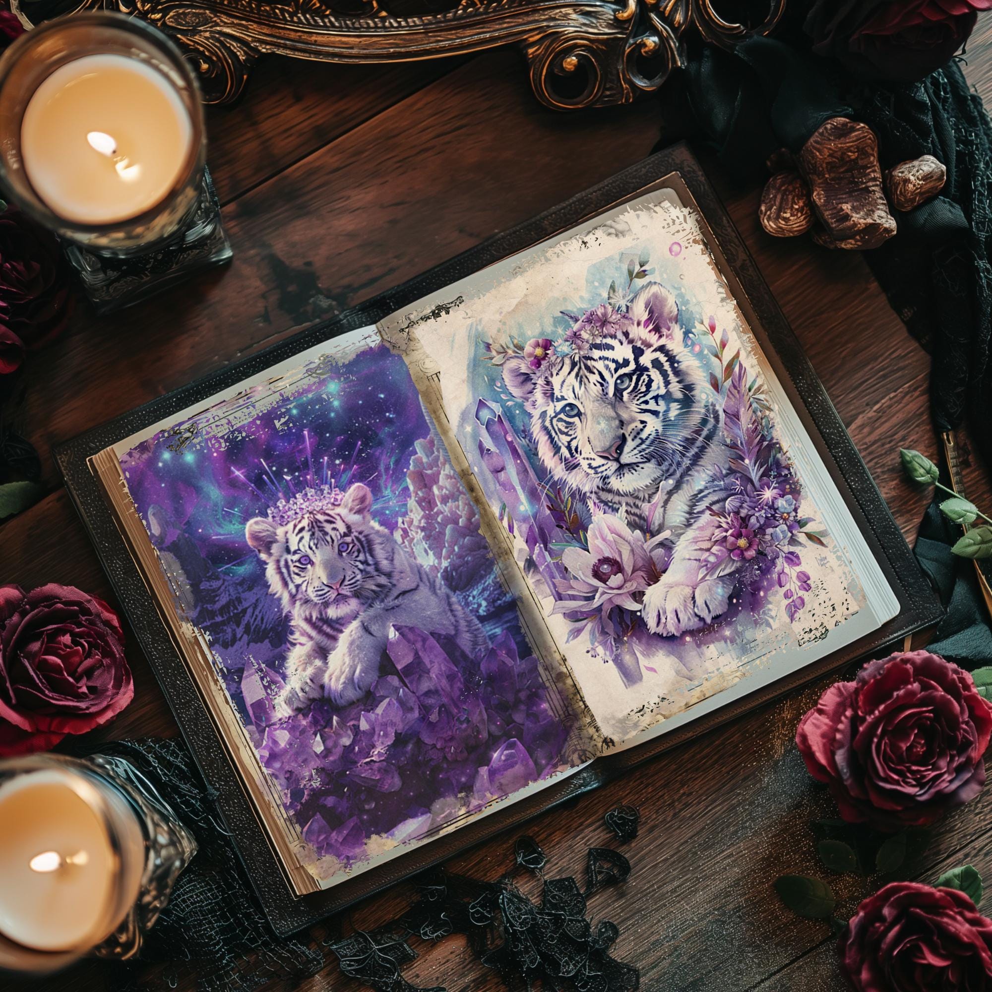 Celestial Tigers Junk Journal Pages, Purple, 6 Printable Digital Pages ...