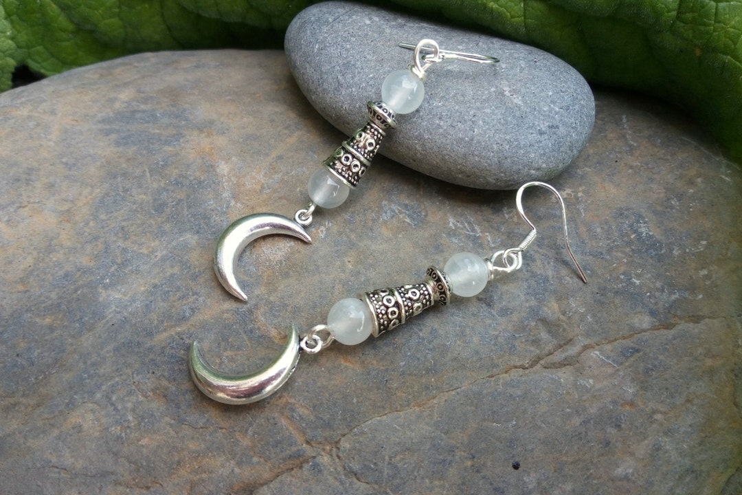 Selenite Moon Earrings, Silver Earrings, Boho Earrings, Celestial ...