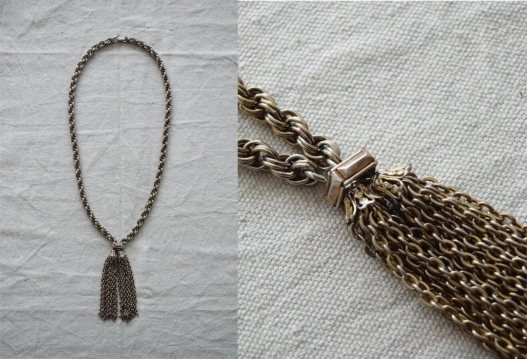 Vintage 60s 70s Gold Tone Long Chain Lariat Fringe Statement Necklace ...