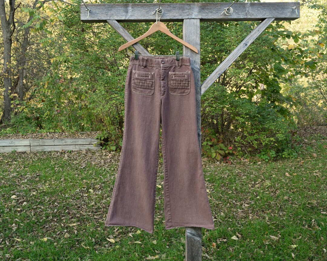 70s 27x30 10.5" High Rise Bell Bottoms Talon Zipper Brown Pants Jeans ...