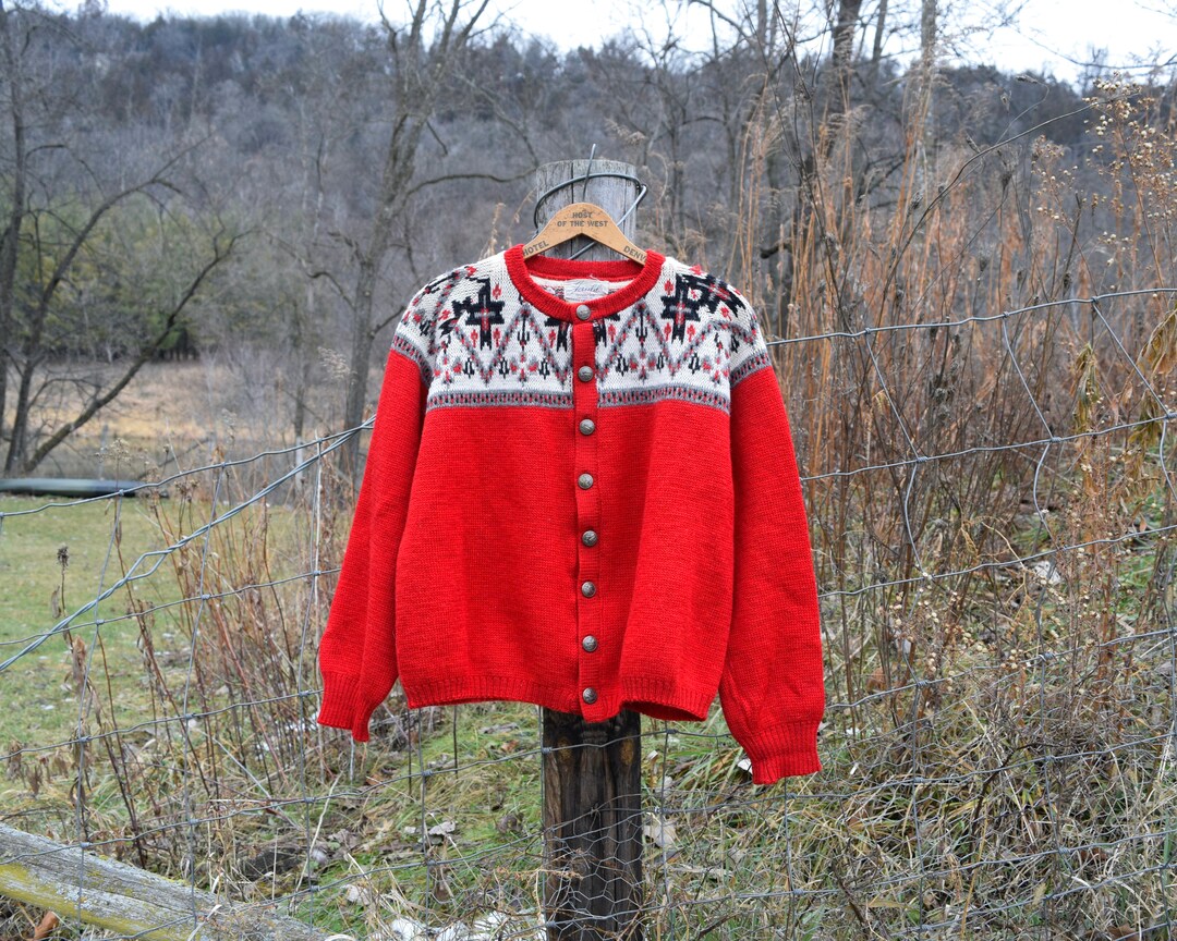 60s Jersild Knit L Neenah WI Red Cream Wool Button Down - Etsy
