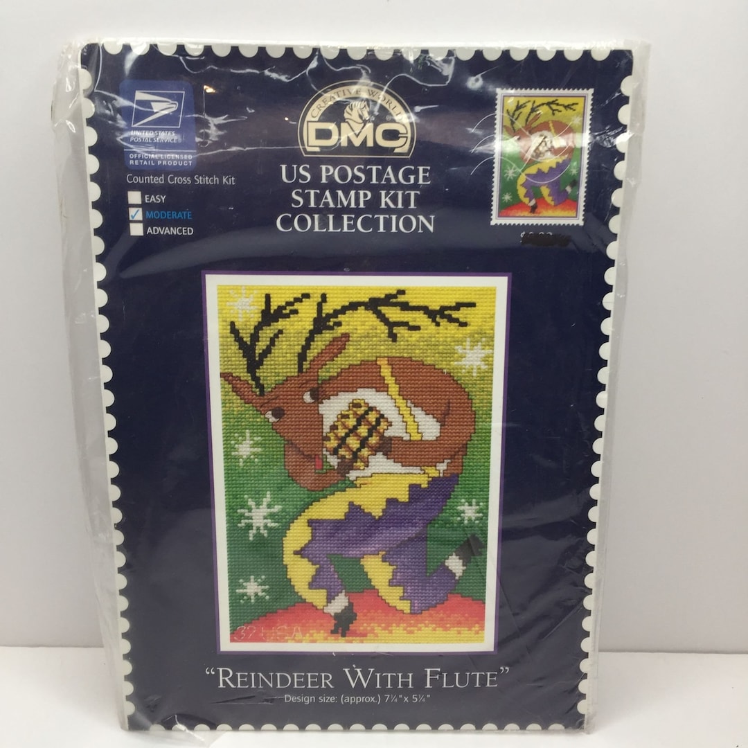 DMC US Postage Stamp Collection Cross Stitch Kit Reindeer With Flute 7. ...
