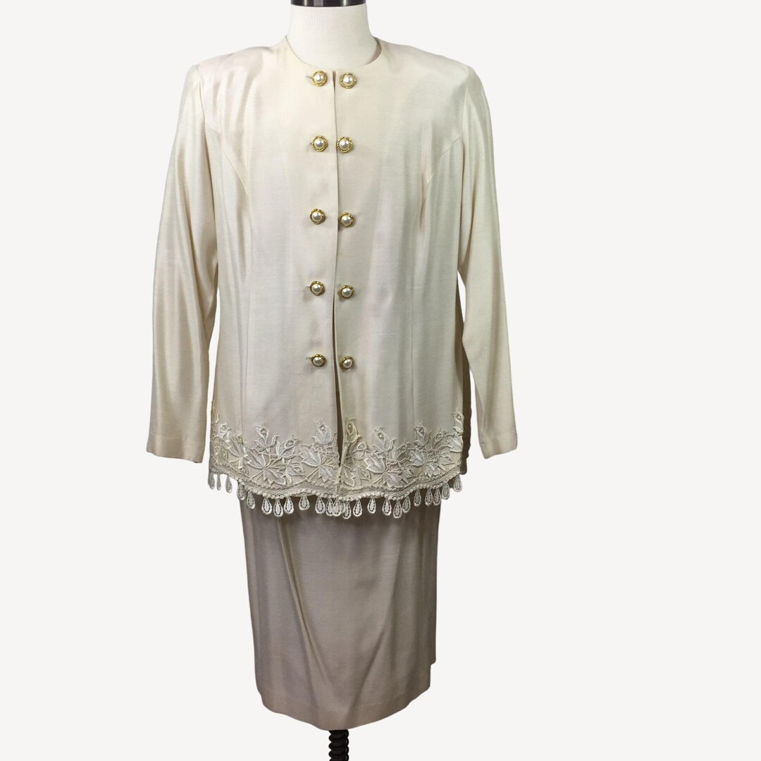 Vintage Jeffrey & Dara Linda Hutley Womens Suit Set Skirt Jacket Cream ...