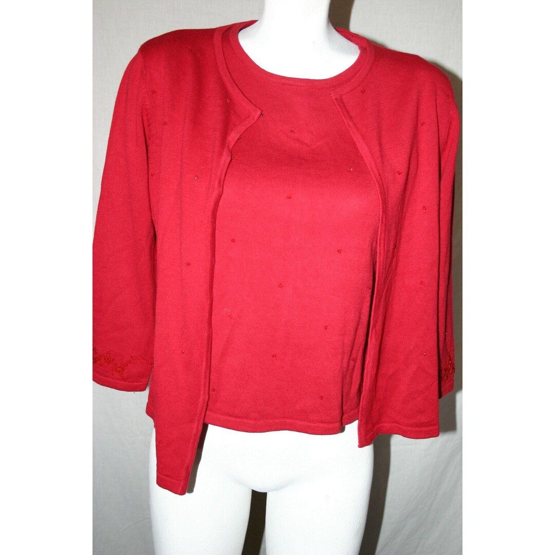 Casual Corner Womens Annex Red Knit Twin Set Cardigan Beaded Embroidery ...