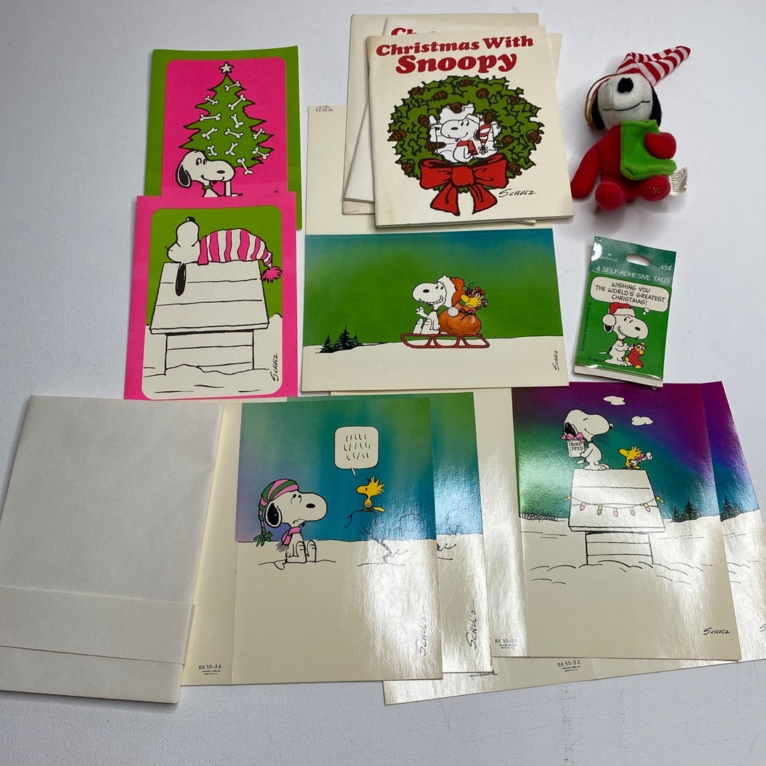 Vintage Snoopy Christmas Cards Gift Tag Stickers and Plush Set - Etsy