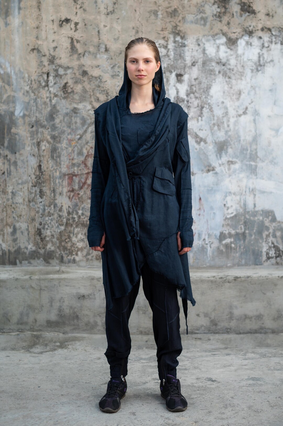 Cobalt Blue Hooded Robe: Bamboo Burning Man Cape, Avant Garde Fashion ...