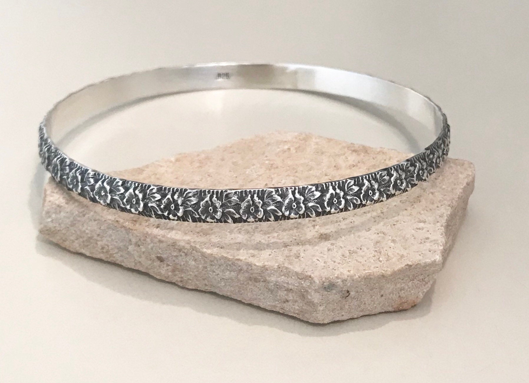 Oxidized Bangle Sterling Silver Bangle Flower Patterned - Etsy