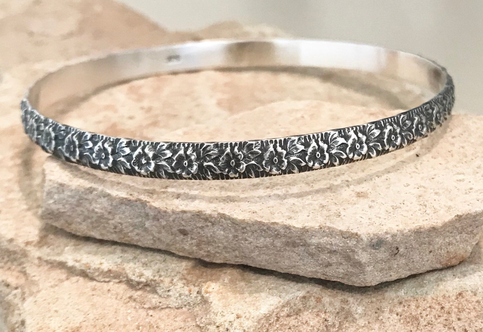 Oxidized Bangle Sterling Silver Bangle Flower Patterned - Etsy
