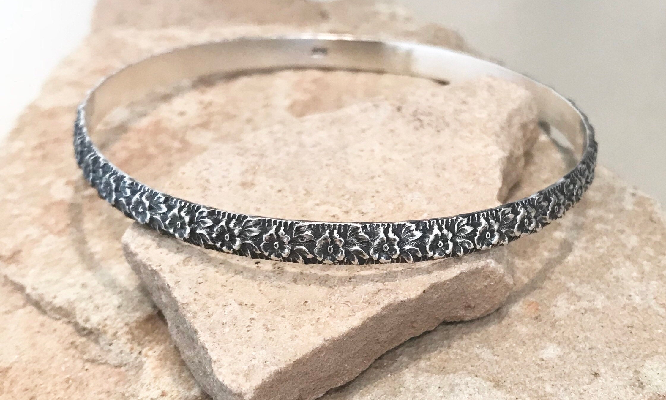 Oxidized Bangle Sterling Silver Bangle Flower Patterned - Etsy