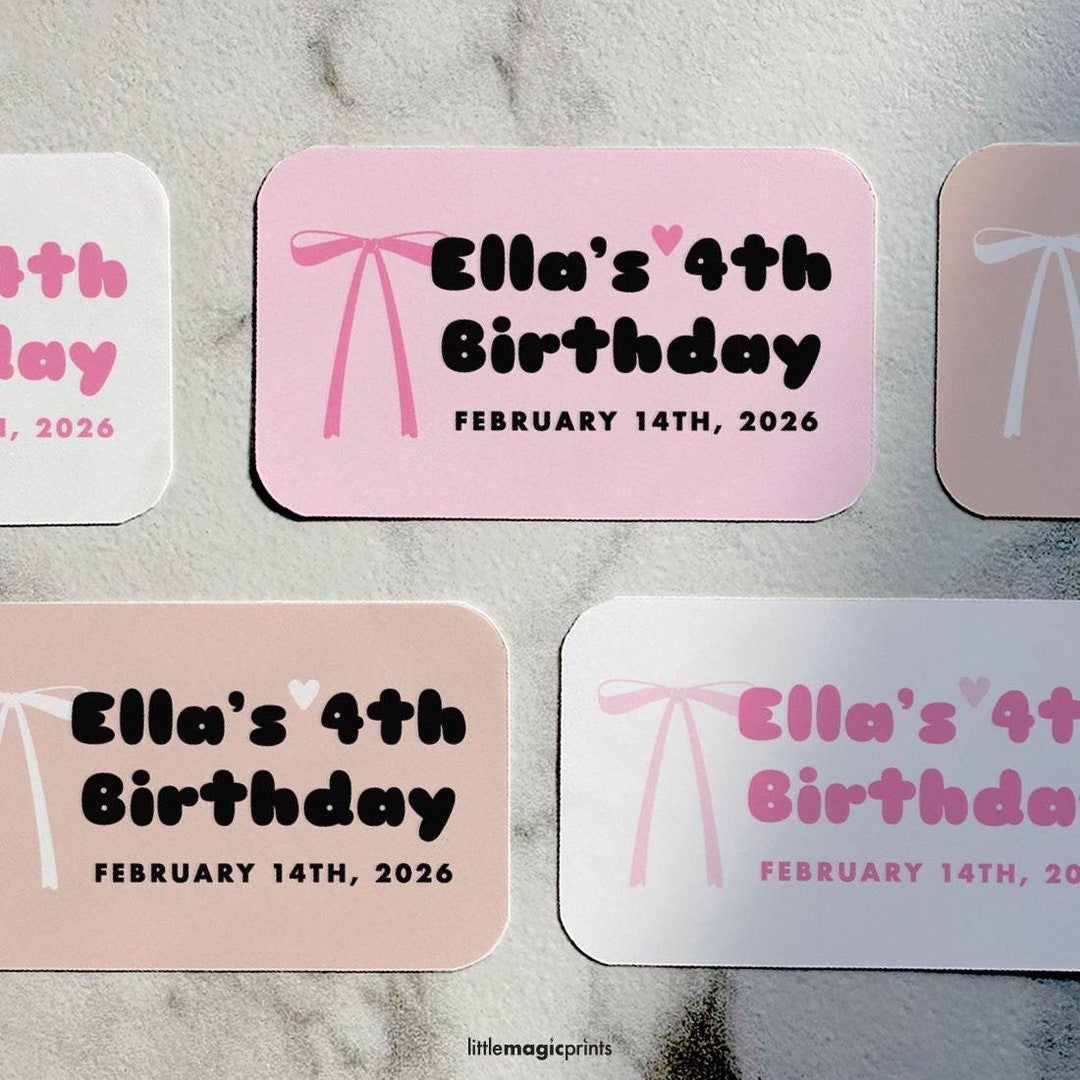 Bow Birthday Labels, Bow Birthday Stickers, Bow Party Favor Labels ...