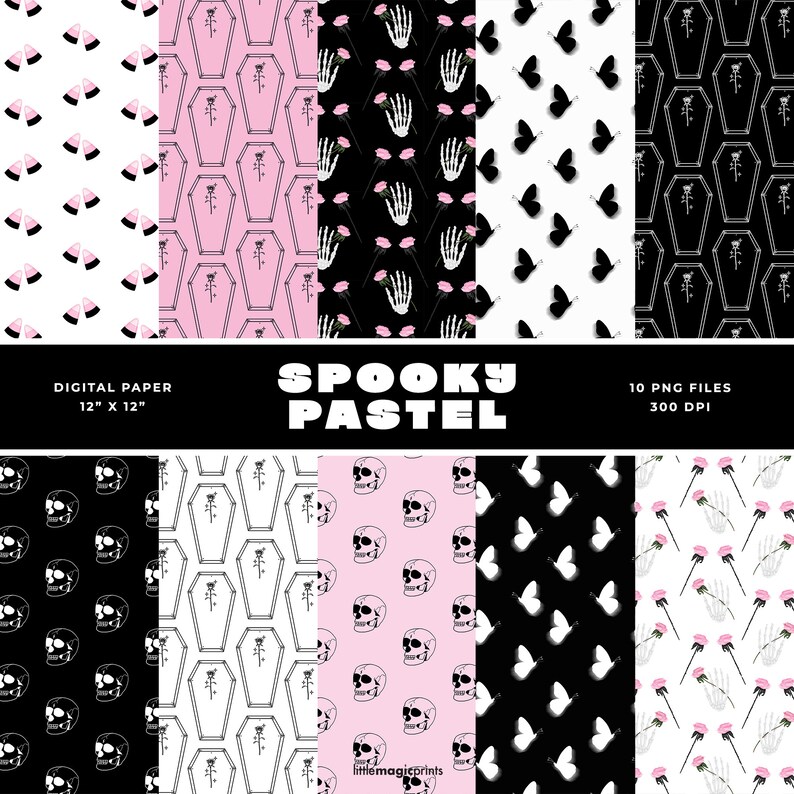 Spooky Pastel Digital Paper Set: Skulls, Coffins (digital Download ...
