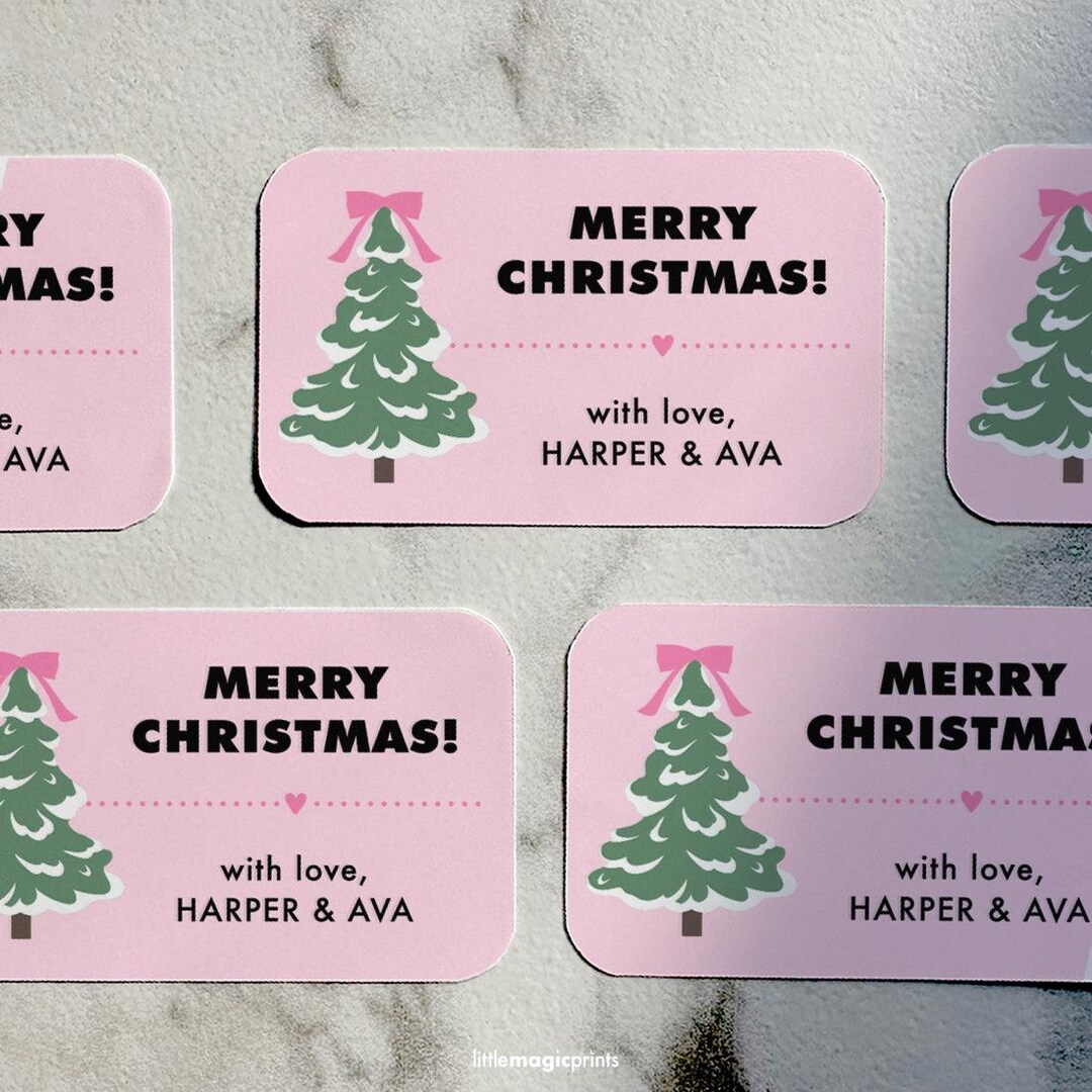 Bow Christmas Gift Tag Labels, Pink Bow Christmas Gift Stickers ...