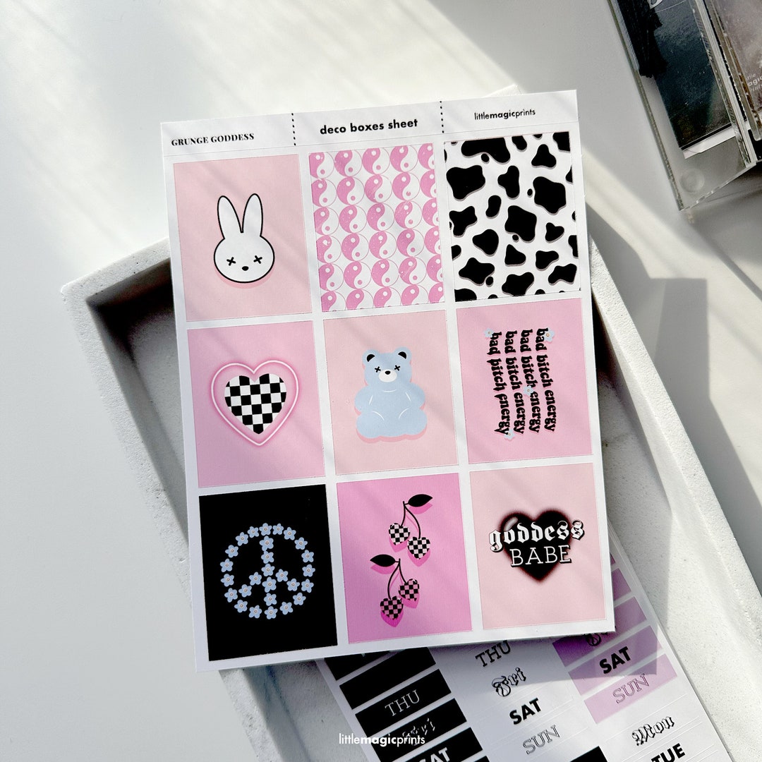 Retro 90s Pastel Black Stickers, Kawaii Bear Bunny Character Stickers ...