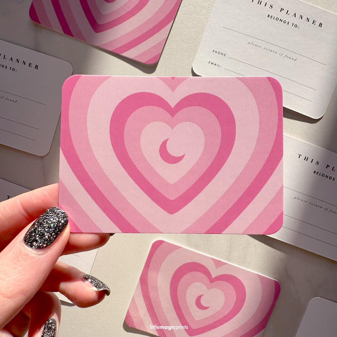 Pink Planner Card, Pink Retro Heart Planner Pocket Card, Cute Pink Moon ...