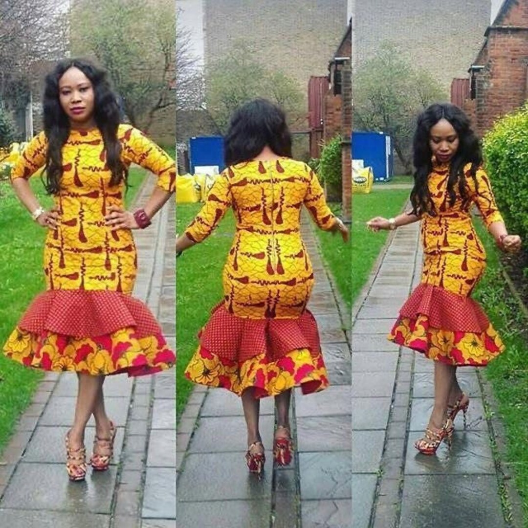 Ankara Fitted Midi Red Mixed Print Dress/ African Peplum Dress/ Red ...