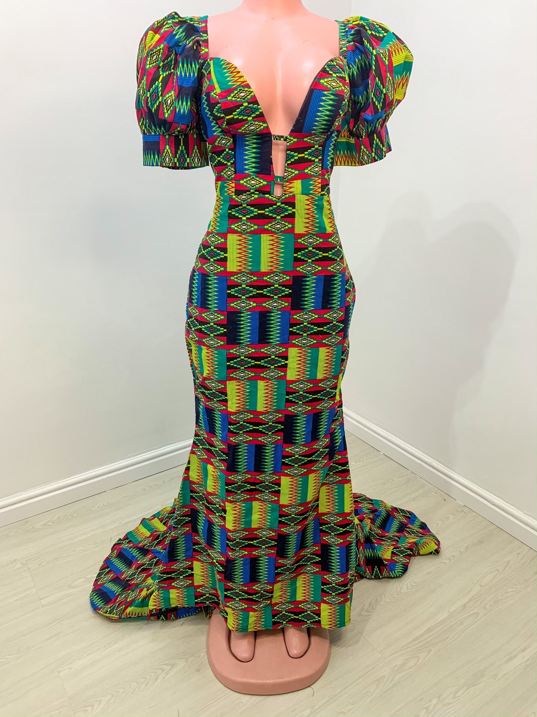 Ankara Kente Wedding Dress With Train, African Birthday Dress, African ...