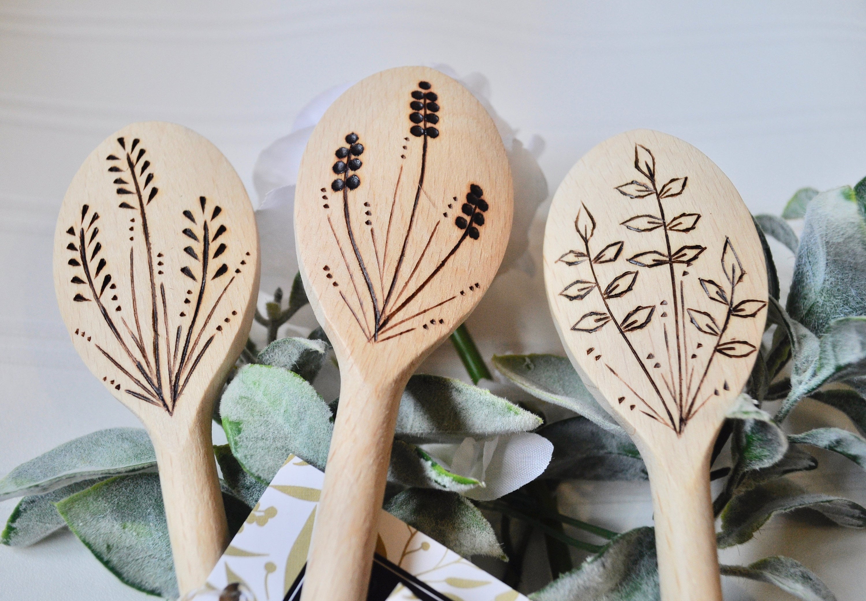 Wood Burned Kitchen Cooking Spoon With Plants: Set of 3 | Etsy