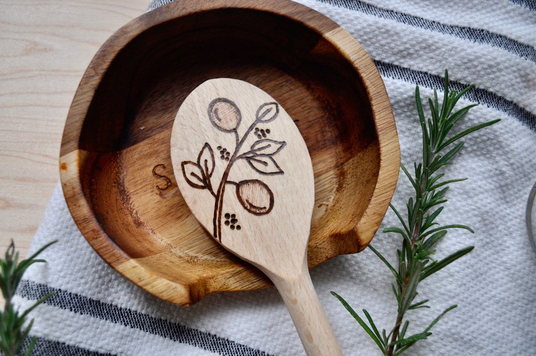 Double Sided Wood Burned Cooking Spoon in Olives - Etsy