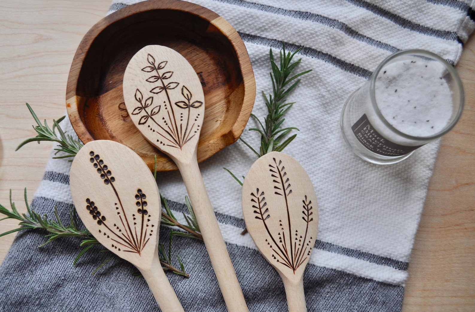 Wood Burned Kitchen Cooking Spoon With Plants: Set of 3 - Etsy