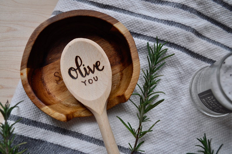 Double Sided Wood Burned Cooking Spoon in Olives - Etsy
