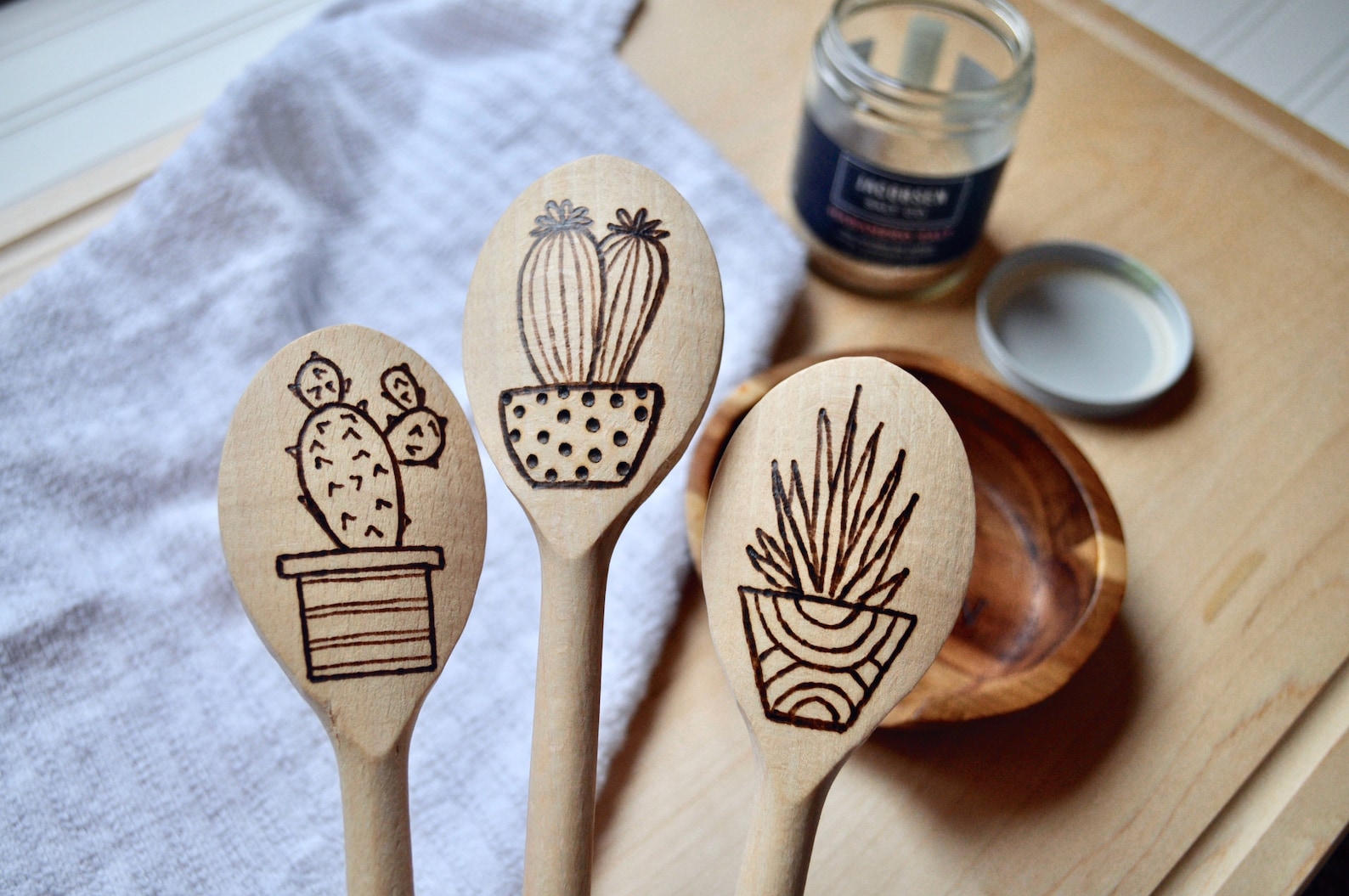 Wood Burned Cooking Spoon in Succulents and Cacti: Set of 3, Custom ...