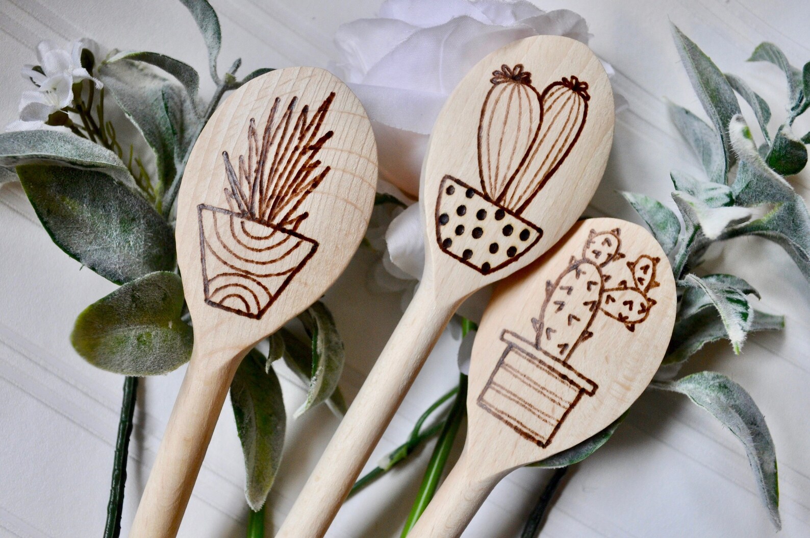 Wood Burned Cooking Spoon in Succulents and Cacti: Set of 3 | Etsy