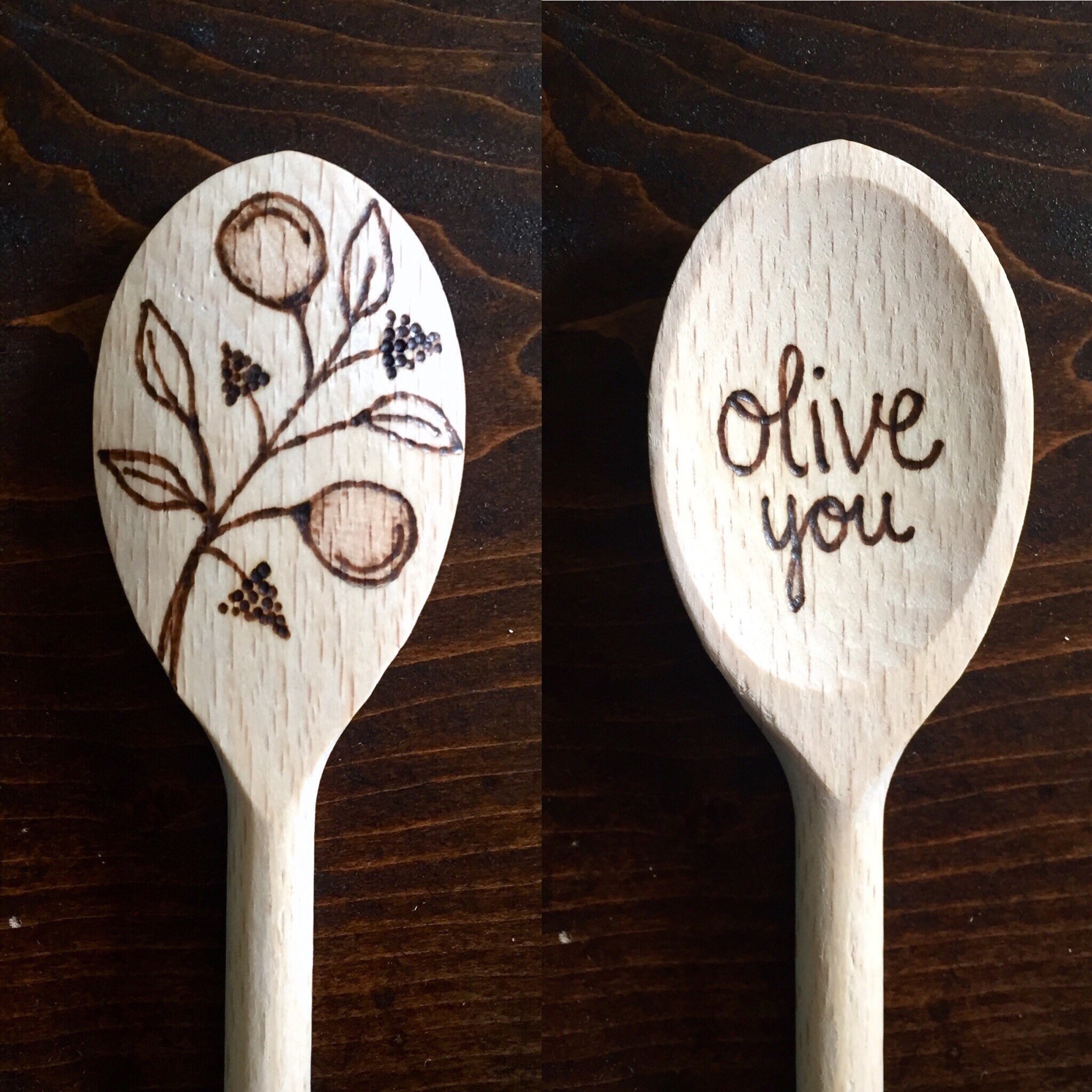 Double Sided Wood Burned Cooking Spoon in Olives - Etsy
