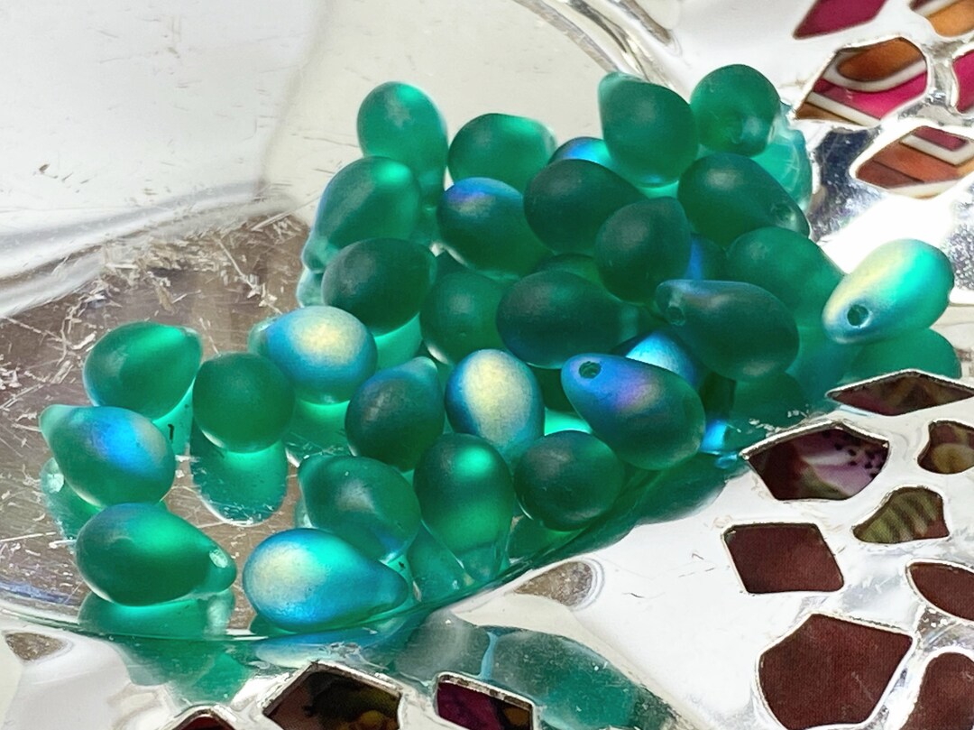 Amazing Glowy Firepolished Teal Green Matte Czech Glass Drops 6 X 9 Mm ...