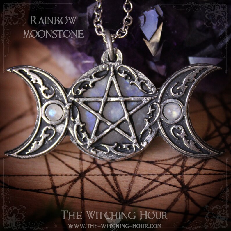 Pentagram and Triple Moon Necklace With Amethyst Rainbow | Etsy