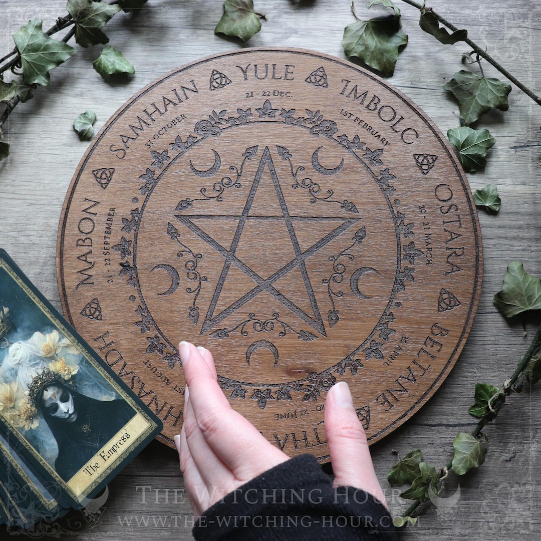 Wooden Wheel of the Year With Pentagram, Altar Ornament for Pagan ...