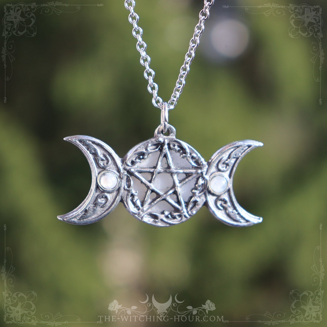 Pentagram and Triple Moon Pendant With Natural Rainbow Moonstone ...