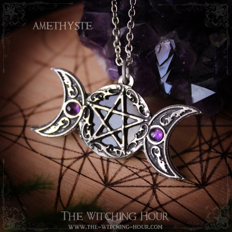 Pentagram and Triple Moon Necklace With Amethyst Rainbow | Etsy