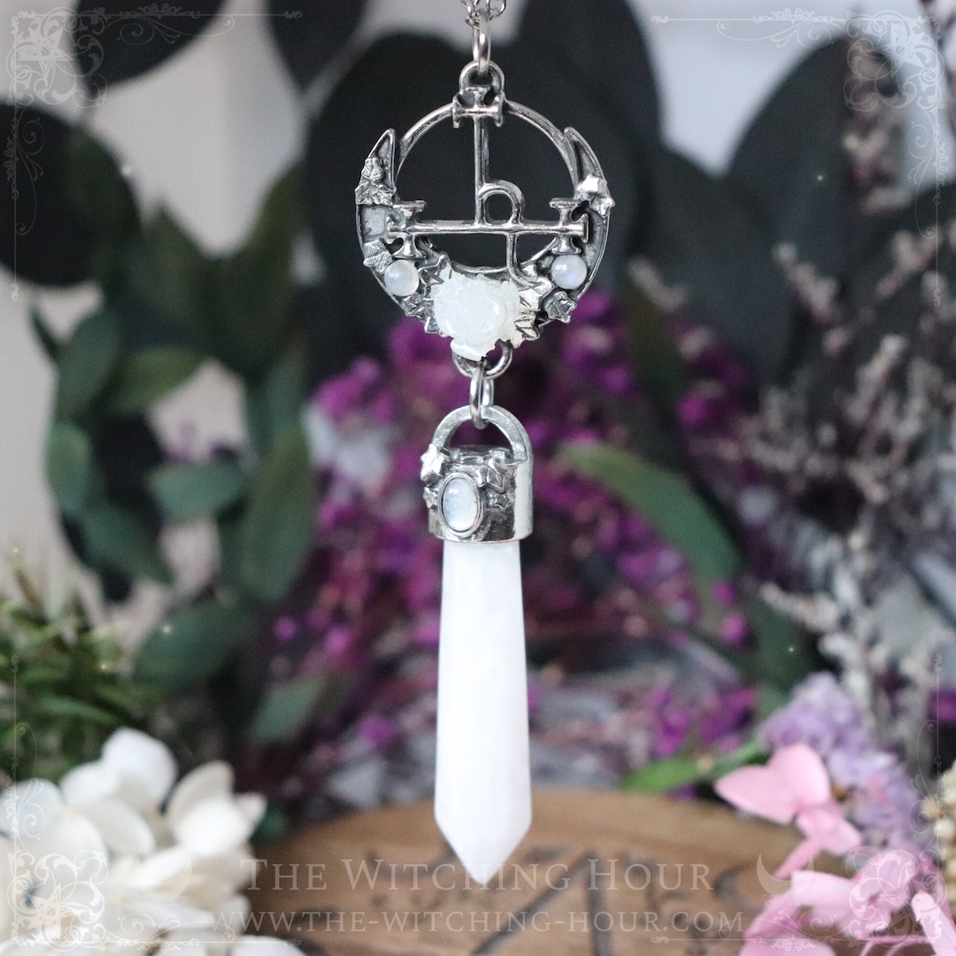 Lilith's Sigil Pendulum Necklace in Quartz and Rainbow Moonstone, With ...