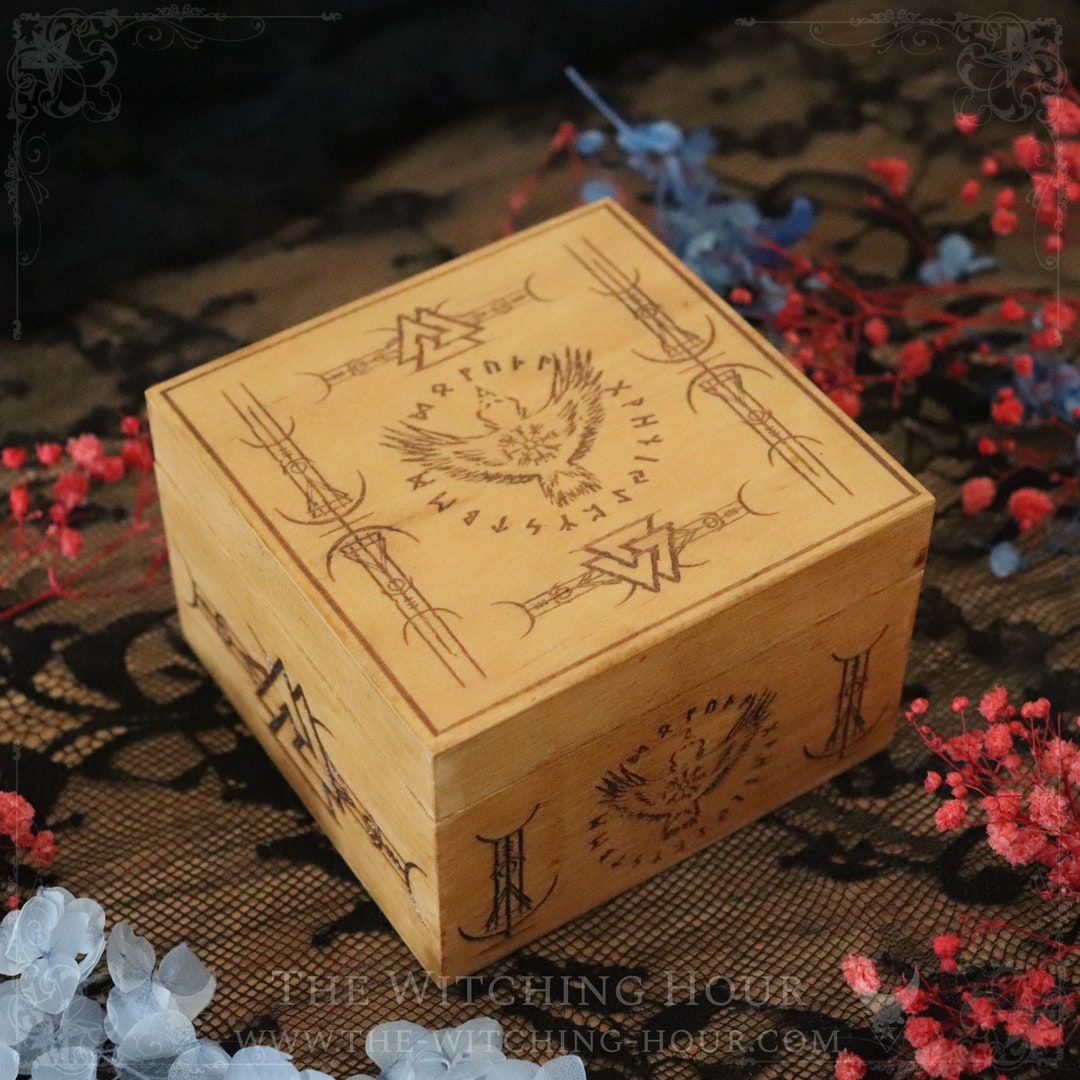 Engraved Wooden Viking Box, With Valknut, Runes and a Crow, Runes Box ...