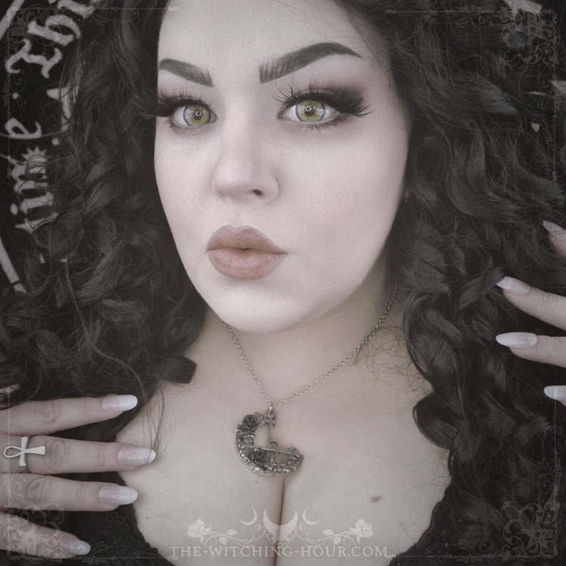 Seal of Lilith Necklace With Moon Crescent and Grey Roses - Etsy