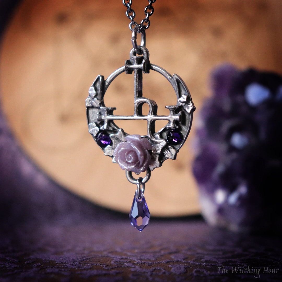 Sigil of Lilith Necklace With Purple Rose and Swarovski Crystals ...